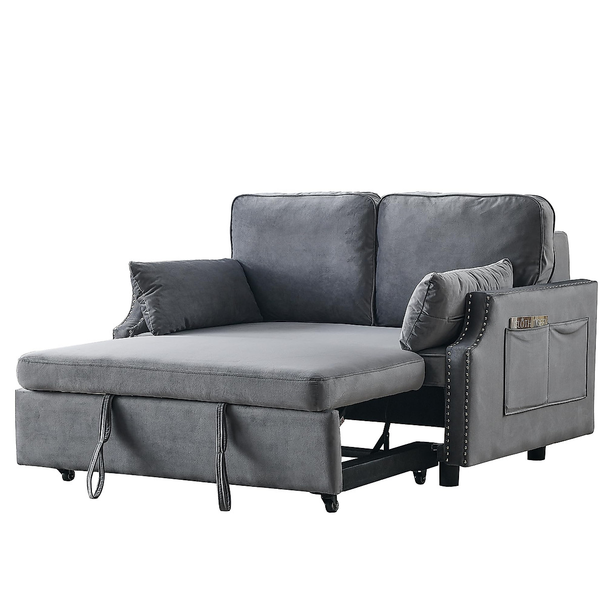 Sleeper Sofa Bed 3-in-1 Futon 2-Seater Loveseat with Nailhead Design and Side Storage Pockets,Soft Pillows,Multipurpose Velvet Sleeper Sofa Bed,Gray