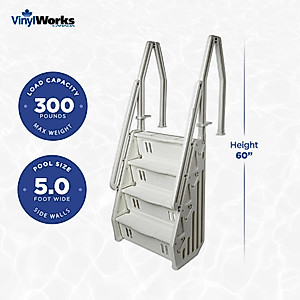 Vinyl Works Deluxe Versatile Adjustable 32 Inch in-Pool Step Ladder Entry System with Double Handrail for Above Ground Swimming Pools, White