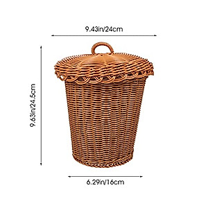 OUNONA Woven Storage Baskets with Lid: Round Wicker Waste Paper Basket Wastebasket Garbage Bin Trash Can for Bedroom Bathroom Kitchen Home Office