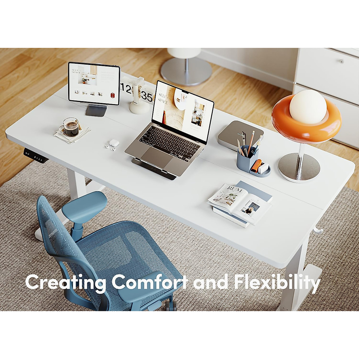 BANTI 63'' Standing Desk, Electric Stand up Height Adjustable Home Office Table, Sit Stand Desk with Splice Board, White