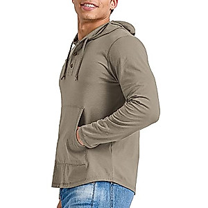 Hanes Men's Originals Tri-Blend Jersey, T-Shirt Hoodie with Henley Collar, Oregano PE Heather, Large