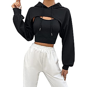 SweatyRocks Women's 2 Piece Outfits Long Sleeve Pullover Crop Top Sweatshirts Hoodie And Cami Tank Top Set Black M