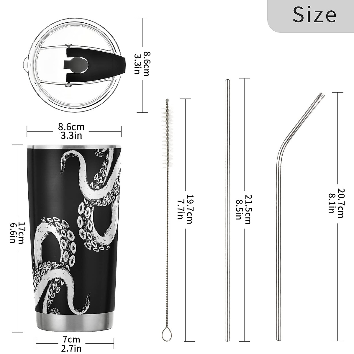 Yasala Tumbler Tentacles Octopus Black Insulated Coffee Cup Beverage Container Travel Mug with Straw and Lid Double Wall Stainless Steel 20oz BPA-Free for Sport, Back to School