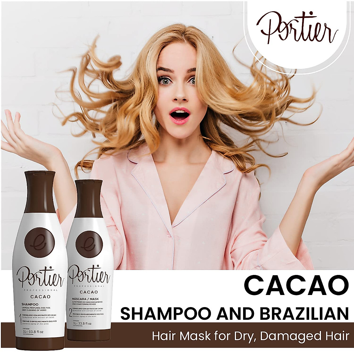 Portier Cacao Shampoo and Brazilian Hair Mask for Dry, Damaged Hair, Advanced 2-Step Treatment, Smoothing and Moisturizing Haircare for Curly, Color Treated, or Frizzy Hair. Each Bottle is 34fl.oz/1L