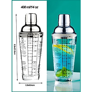 14oz Glass Cocktail Shaker,Martini Shaker Printed with 6 Drink Recipes，Measured Mixing Glass and Stainless Steel Top Drink Shaker, Best Gift for Beginner