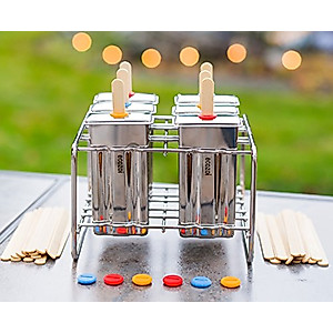 Ecozoi Stainless Steel Popsicle Molds and Rack - 6 Square Ice Pop Makers + 30 Reusable Bamboo Sticks + 12 Silicone Seals + 1 Cleaning Brush +1 Rack