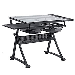 Drafting Desk, Adjustable Glass Drafting Table,Versatile Art Study Table,with Storage Drawers,Art Studio Design Sketching Painting Work Station