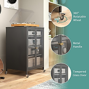 Media Storage Cabinet, 4-Tier Stereo Cabinet with Door, Audio Video Media Stand Cabinet, AV Cabinet with Wheels for Meeting, Living, Gaming,Recording Room