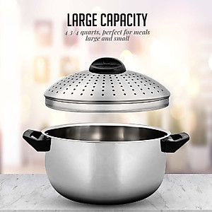 Ovente 4.8 Quart Stovetop Stainless Steel Pasta Pot with Strainer Lid & Locking Feature, Easy Storage and Pour Safe with Cool Touch Handles Perfect for Cooking Noodle Veggie or Sauce, Silver CW15131S