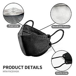 KellyKessa 50Pcs 4-Ply KF94 Black Face Masks Breathable 3D Design Protective Face Filter, No Pain Earloop (Black)