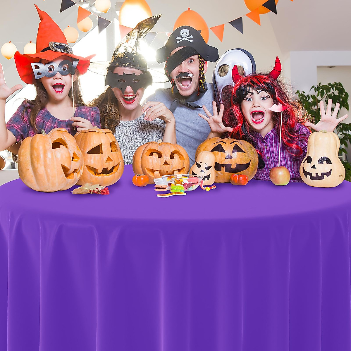 YIDAKO 12Pack 84 Inch Round Halloween Tablecloths Bulk Plastic Round Black Purple Orange Table Cloths Disposable Round Table Covers for Halloween Witch Vampire Party Fall Autumn Party Decorations