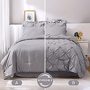 JOLLYVOGUE Queen Comforter Set 8 Pieces, Pintuck Gray Bed in a Bag Comforter Set for Bedroom, Beddding Sets with Comforter, Sheets, Bed Skirt, Ruffled Shams & Pillowcases