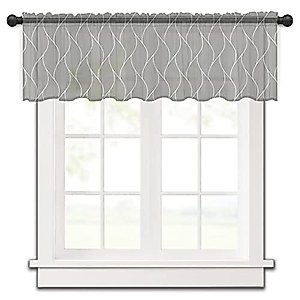Semi-Sheer Valance Curtains, Grey Gold Wave Abstract Art Foil Print Pattern Small Window Treatment Panel - 54 x 18 Inch, White Thin Line Rod Pocket Tier Curtain Valances for Kitchen Sink Living Room