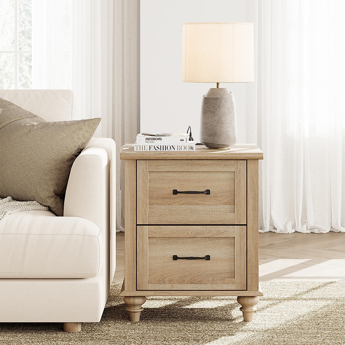 WAMPAT Nightstand Side Table with Charging Station, Light Wood End Table with 2 Drawers for Living Room, Farmhouse Night Stand Bedside Table for Bedroom, Oak