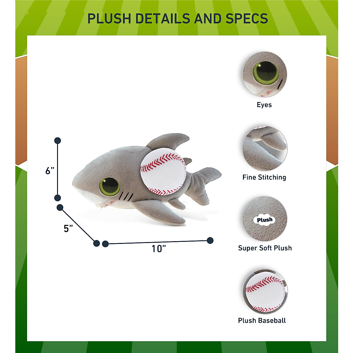 DolliBu Big-Eye Shark Stuffed Animal with Baseball Plush - Soft Huggable Shark, Adorable Shark Plush Toy, Personalized Soft Plush Doll Animal Toy for Kids and Adults - 6 Inches