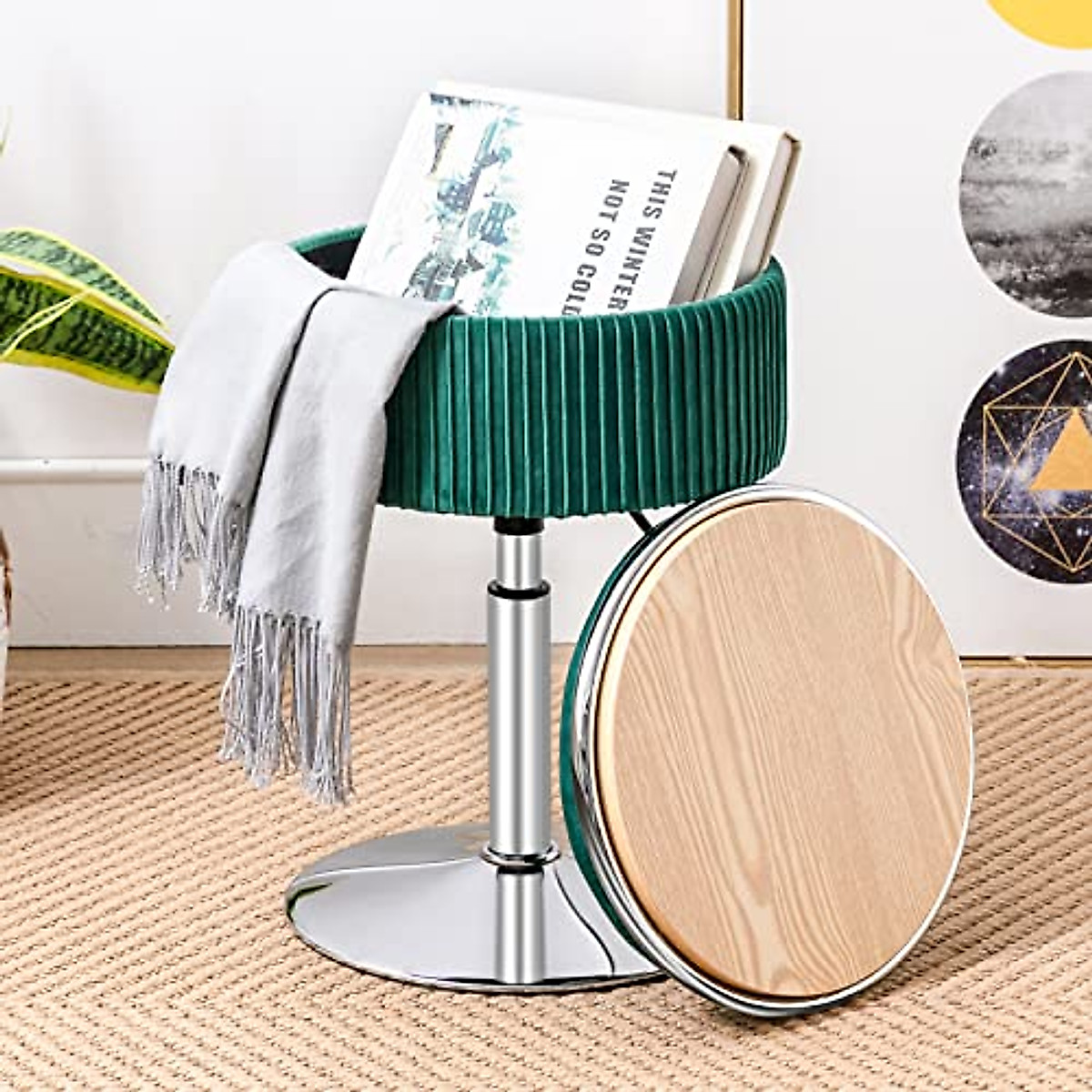 Round Storage Vanity Stool, 360°Swivel Height Adjustable Stool Chair, Emerald Vanity Stool Chair for Makeup Room, Velvet Stool for Vanity With Storage, Vanity Ottoman Chair for Bathroom Living Room
