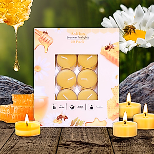 Ashlux Unscented Beeswax Tealight Candles 20 Pack, 4 Hours Long Burning Handmade Yellow Tea Lights Candles, Clear Cup Smokeless Beeswax Candles for Wedding, Party, Centerpiece & Home Decor