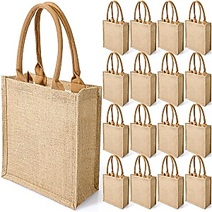 16 Pcs Burlap Tote Bags with Handles and Laminated Interior Reusable Blank Bridesmaid Gift Bags Grocery Beach Bag for Shopping Wedding Party Embroidery DIY Art Crafts, 11 x 9.4 x 4 Inches Khaki
