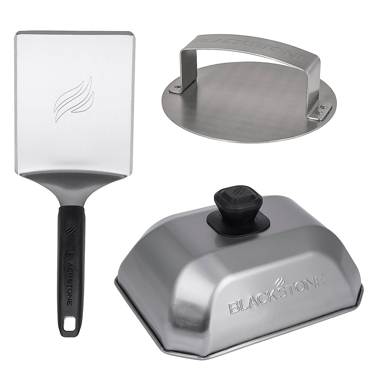 Blackstone 5462 Hamburger Kit (3 Piece) – Metal Flipper Spatula Turner, Basting Cover & Hamburger Press Patty Stainless Steel Burger Maker Set for Bacon, Steak–Griddle Accessories for Grilling, Black