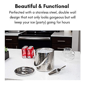 BirdRock Home Ice Bucket with Scoop & Lid - 2.8 Liter Hammered 18/8 Stainless Steel Container for Bar - Double Wall Insulated Bucket with Carrying Handle - Great for Parties - (Silver)