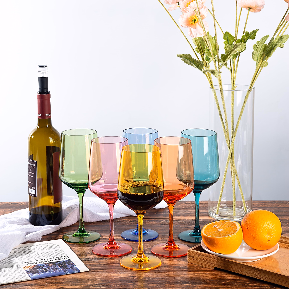 KOXIN-KARLU Unbreakable Classic 18 ounce All-Purpose Plastic Stem Wine Glasses Acrylic Glasses, set of 6 Multicolor