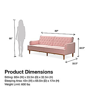 Mr. Kate Stella 80 Inch Futon Sofa Bed in Velvet Fabric, Modern Upholstered Couch Sleeper with Button Tufted Back and Wood Trim, Pink