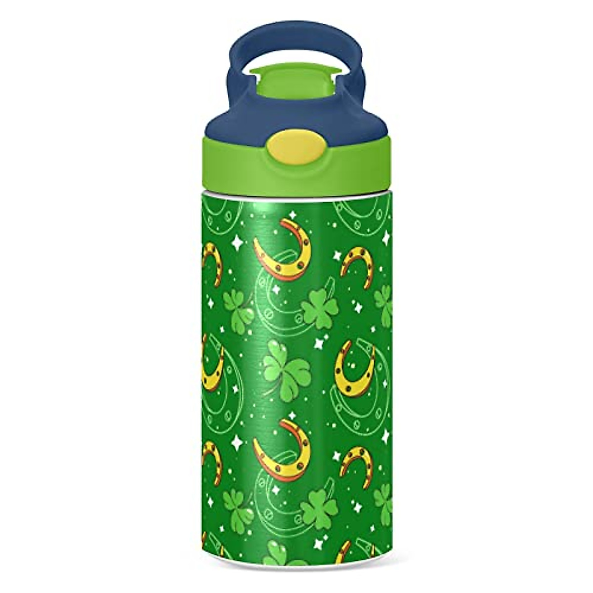 xigua Saint Patrick's Day Kids Water Bottle Double Walled Stainless Steel with Plastic Straw Wide Handle BPA-Free Leakproof Duck Mouth for Toddlers,Girls,Boys,12 oz