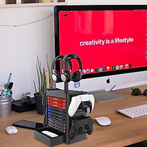 JOYTORN Games Storage Tower(Up to 10 Games) for PS5,Game Disk Rack and Controller/Headset Stand Holder Compatible with Xbox Series X/Nintendo Switch/PS4