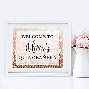 Andaz Press Personalized Glitzy Faux Rose Gold Glitter 8.5-inch Party Sign, Welcome to Olivia's Quinceañera, 1-Pack, Custom Name, 15th Birthday Mis Quince Quinceanera