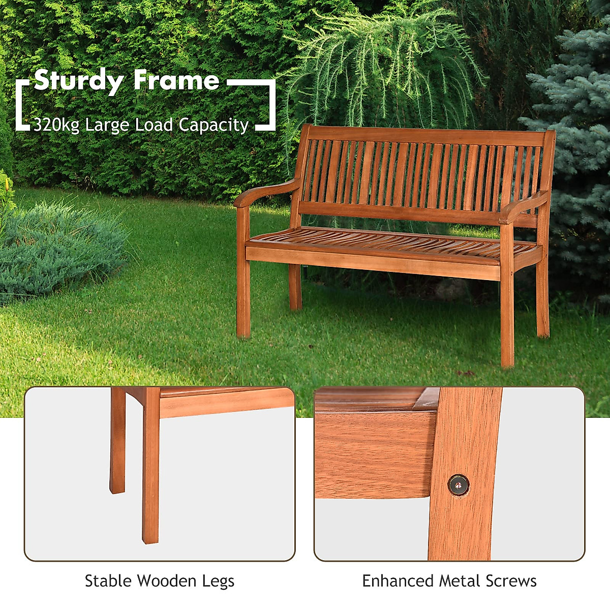 DORTALA 50'' Patio Wooden Bench, Eucalyptus Wood Loveseat with Ergonomic Backrest, Curved Armrests, Sloping Seat, Garden Slatted Bench, Ideal for Patio, Porch, Yard, Lawn, 705 lbs Weight Capacity