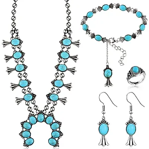 Henoyso 4 Pcs Turquoise Squash Blossom Jewelry Set for Women Cowgirl Vintage Western Necklace Earrings Wrist Chain Ring(Modern Style,Blue Turquoise)