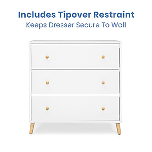 Delta Children Essex 3 Drawer Dresser with Interlocking Drawers, Bianca White/Natural