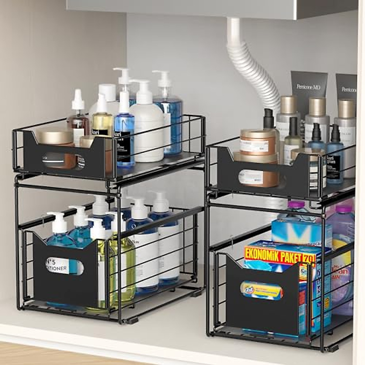 PIGTAB Metal Under Sink Organizer, 2 Sets of 2-Tier Multi-Purpose Bathroom Organizers and Storage, Pull Out Kitchen Organizers and Storage, Cabinet Organizer for Kitchen, Bathroom, Black