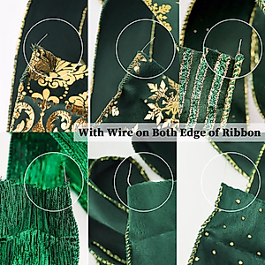 HUIHUANG Green Velvet Christmas Ribbons - Wired for Trees, Wreaths, Garlands, Bows - 2-1/2" x 6 Rolls, 36 Yds Total