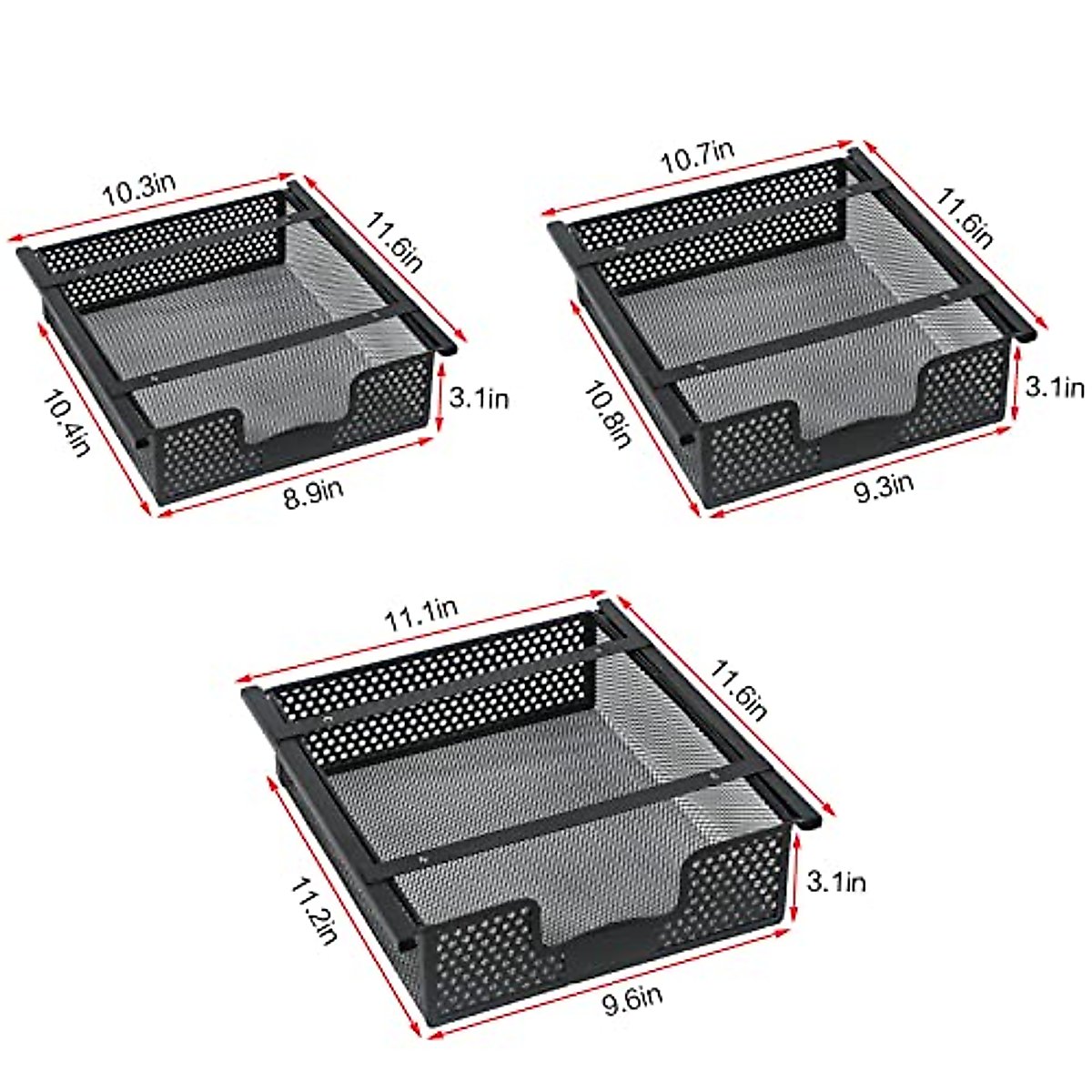 3 Pack Hanging Pullout Drawer Basket, Sliding Under Shelf Storage Organizer with nameplates, Under Shelf Baskets Under Cabinet Organizer Under Desk Drawer for Kitchen Pantry Cabinet, Attaches to Shelf