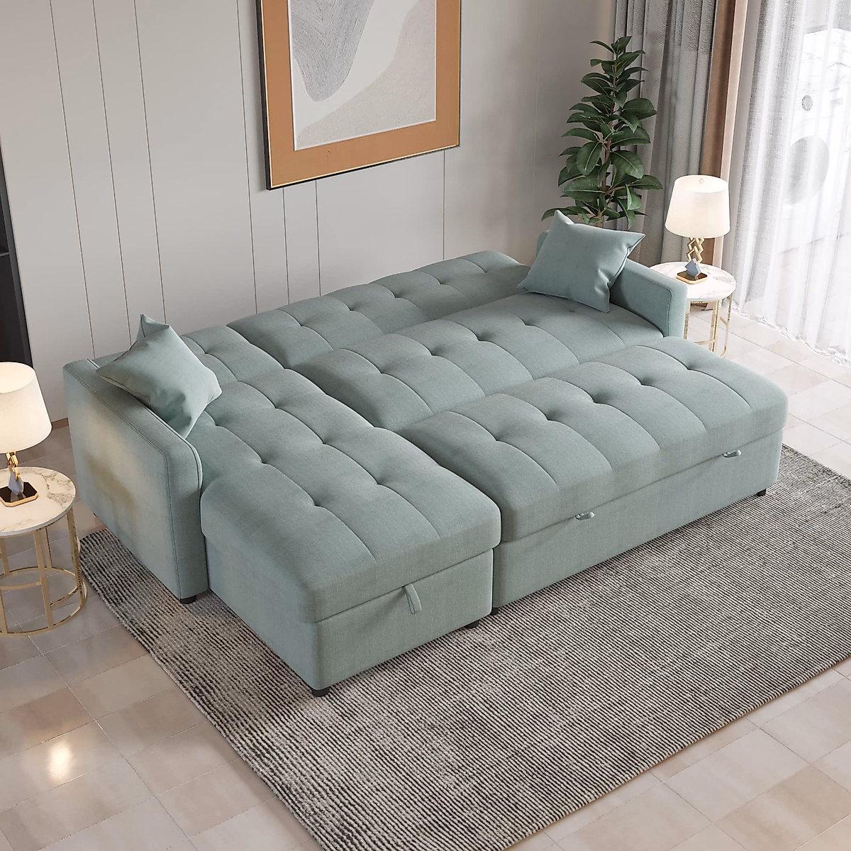 JACH Reversible Sectional Sleeper Sofa, 82'' Wide Pull-Out Sofa Bed with Storage, L-Shape Sectional Sofa with Chaise, 3 in 1 Design Convertible Loveseat for Living Room Small Apartment (Green)