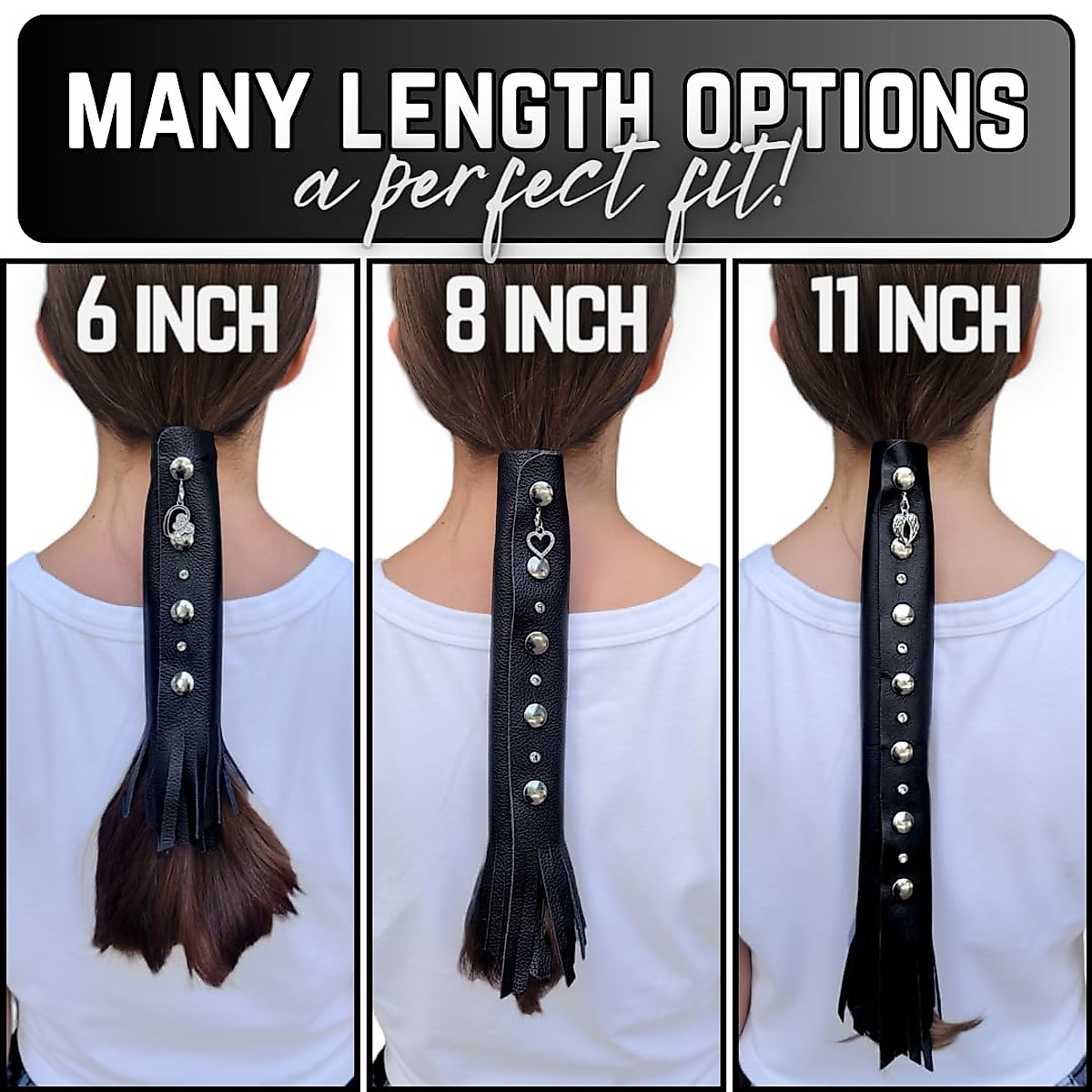 Black Leather Hair Wrap 6" inch to 22" inch - Handmade Ponytail sleeve & Protective Long Hair Saver | Colorful Bike Hair Tie Motorcycle Helmet Accessory with Fringe & Crystals | Made in USA