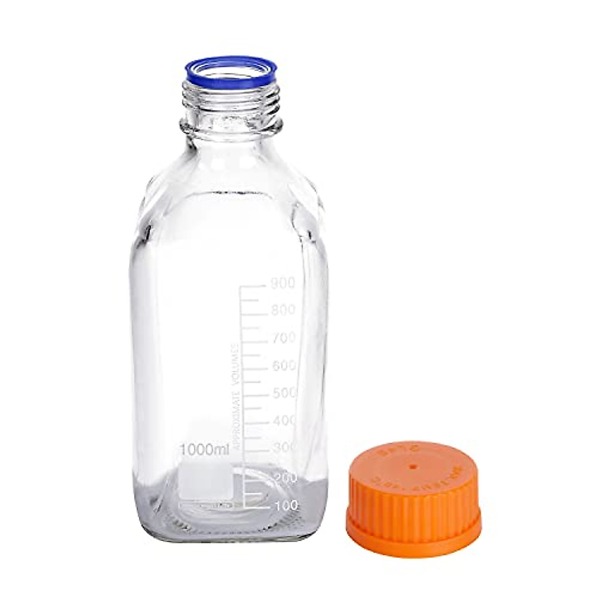 Pastein 4 Pack 1000 mL Graduated Square Reagent Media/Storage Glass Bottle With GL45 Orange Polypropylene Screw Cap