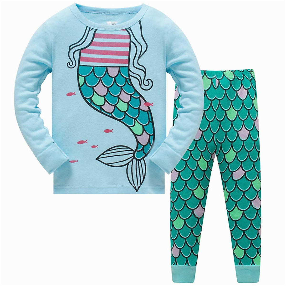 LitBud Girls Kids Chirstmas Mermaid Pajamas Sleepwears 2pcs Long Sleeves Pjs Nightwear Tops + Pants Sets for Girls Toddler Size 4-5 Years 5T Thanksgiving Gift