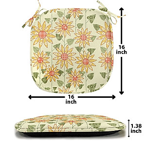 Ambesonne Sunflower Chair Seating Cushion Set of 6, Floral Nature Pattern in Patchwork Style Rustic Country Design, Anti-Slip Seat Padding for Kitchen & Patio, 16"x16", Olive Green Orange