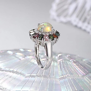 supermodel Multicolor Gemstone Signet Ring for Women Wedding Anniversary Jewelry Sterling Silver Band 925 Stamped Tourmaline Diamond Gem Ring Luxury Opal Ring Cocktail Rings Size 9