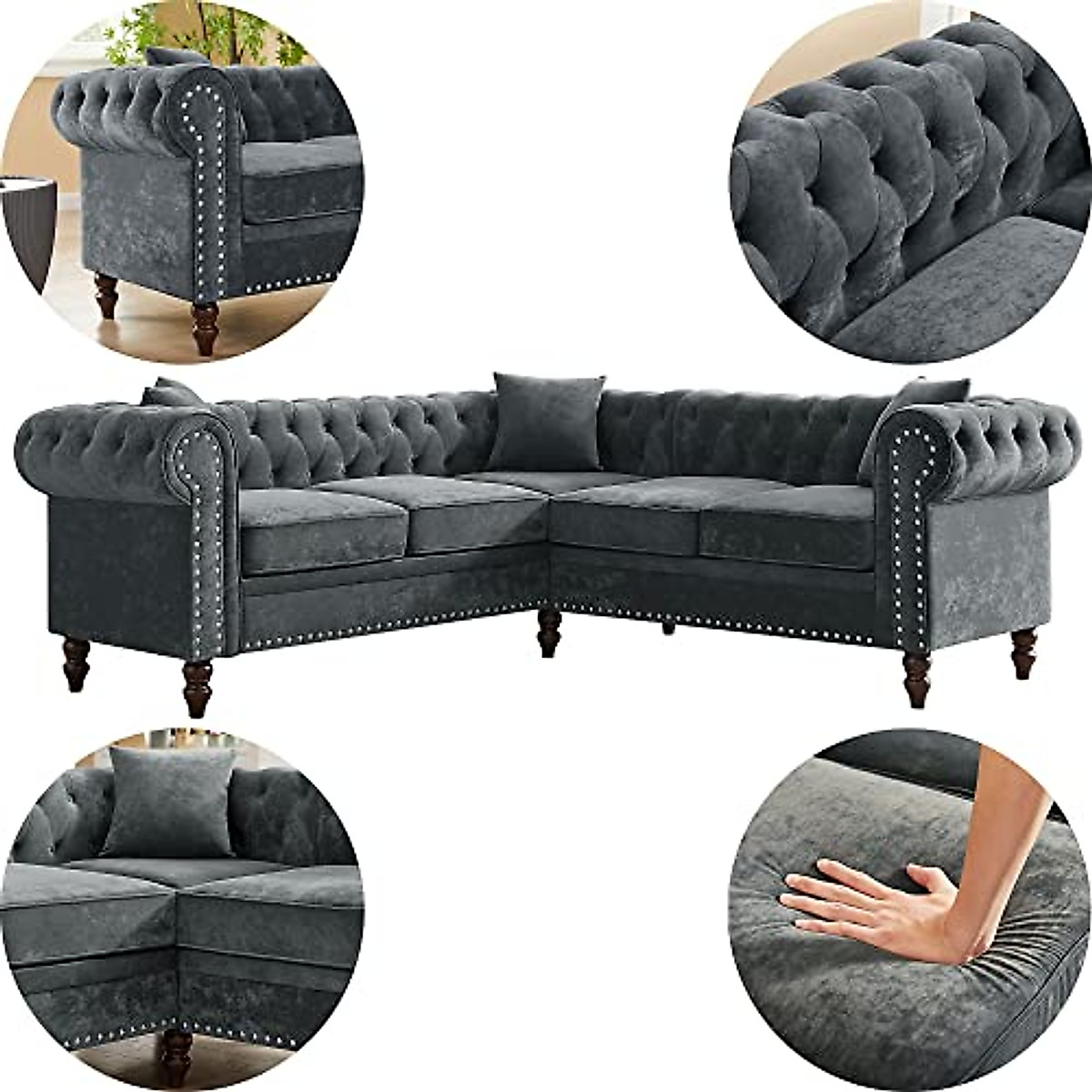 ERYE 80" L-Shaped Corner Symmetrical Sectional Sofa,Button Tufted Velvet Upholstered Modular Sofa & Couch,Classic Chesterfield Luxury Roller Armrest Couch,Nail Head Decor with 3 Pillows,Graphite Gray