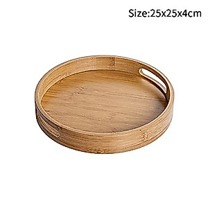 Round Wood Serving Tray with Handles - Natural Wooden Bamboo Ottoman Tray - Coffee Table Decor Food Storage Trays for Breakfast, Lunch, Dinner, Patio, Coffee Table, BBQ, Party