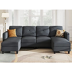 HONBAY Convertible Sectional Sofa U Shaped Couch 4 Seat Sofa with Double Chaises for Living Room, Bluish Grey