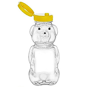 Nakpunar 18 Pack 8 fl oz Plastic PET Honey Bear Jars, Squeeze Bottles with Yellow Flip-Top Dispenser Caps w/Seals - Holds 12 oz Honey by Weight - BPA Free, Refillable and Made in USA