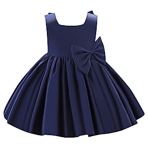 Mubineo Infant Baby Girl Satin Formal Dress Bowknot Princess Birthday Pageant Dress (Navy, 12-18 Months)