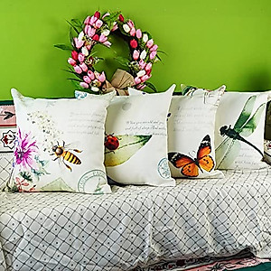 ONWAY Spring Summer Throw Pillow Covers 20x20 Inch Set of 4 Bee Butterfly Decorative Farmhouse Throw Cushion Cover Outdoor Pillows for Couch Sofa Patio Furniture Porch