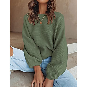 ZESICA Women's 2023 Crew Neck Long Lantern Sleeve Casual Loose Ribbed Knit Solid Soft Pullover Sweater Tops,ArmyGreen,Medium