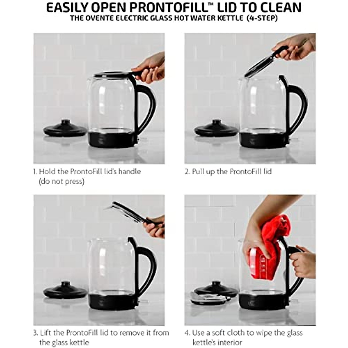 Ovente Electric Glass Kettle 1.5 Liter 1500W Power Portable Instant Hot Water Boiler Heater with ProntoFill Tech & Automatic Shut Off, Fast Boiling Cordless Body for Coffee Milk Tea, Black KG516B