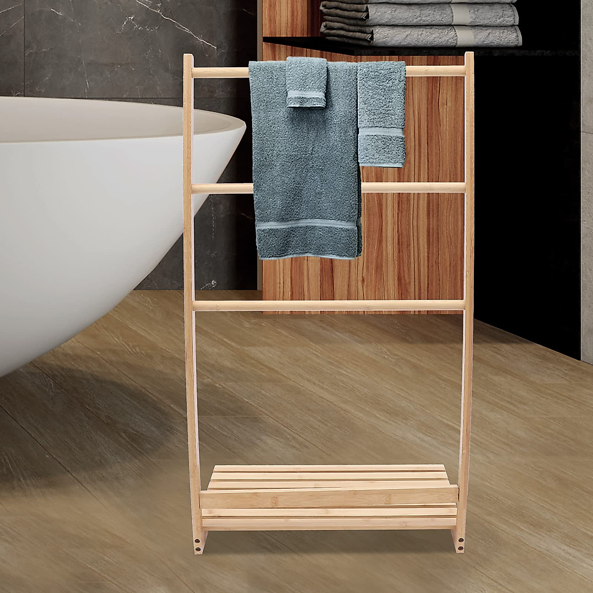 Free Standing Towel Rack, Bamboo Freestanding Towel Rack for Bathroom with Bottom Storage Shelf, Blanket Drying Display Rack for Bathroom, Living Room